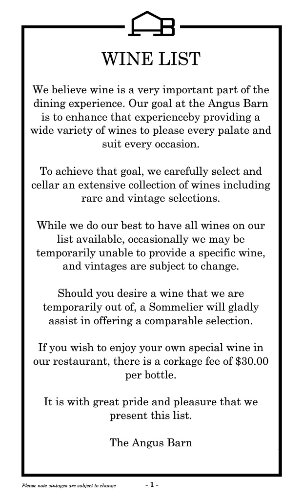 Angus Barn Wine List